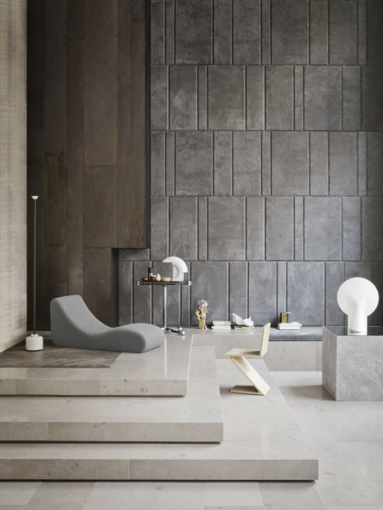 Living room with marble floor.