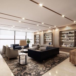 A lounge area to relax and prepare for the meetings.