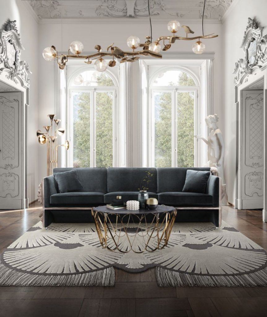 A modern contemporary living room with a green modern sofa and modern ...