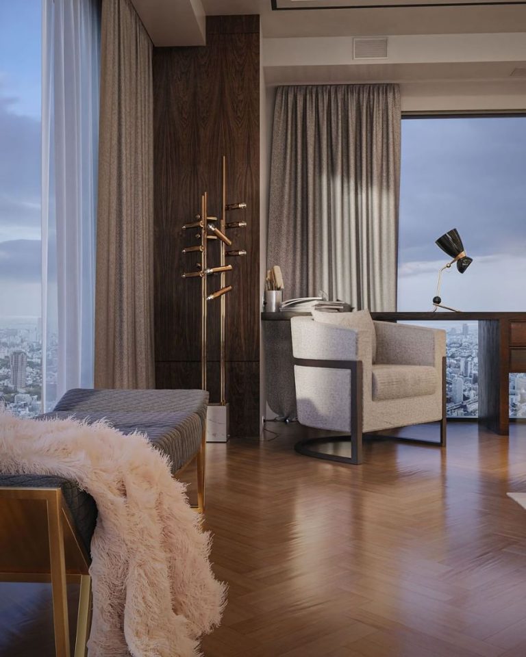 This modern office design has a wooden desk with drawers and a ...