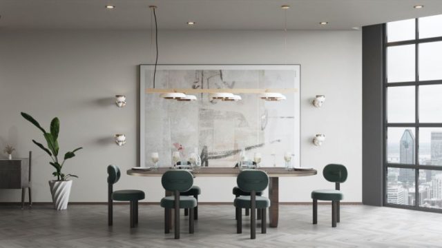 Modern minimal dining room design with oval wood dining table and ...