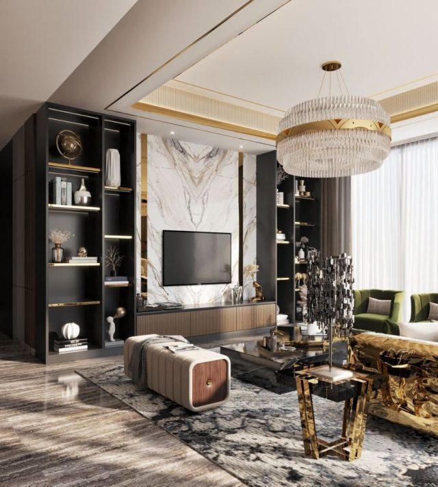 Golden and dazzling, this modern living room design is a magnificent ...