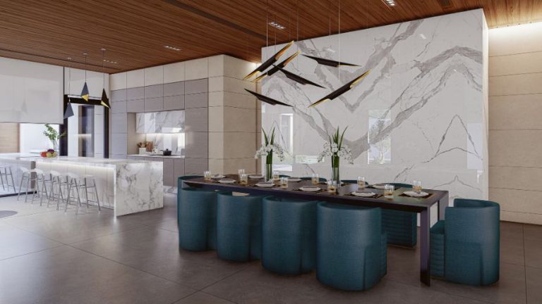 The interior design company, creates a living room with blue dining ...
