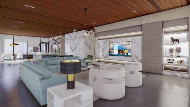 NP Designs designs a modern living area with two blue couches and two ...